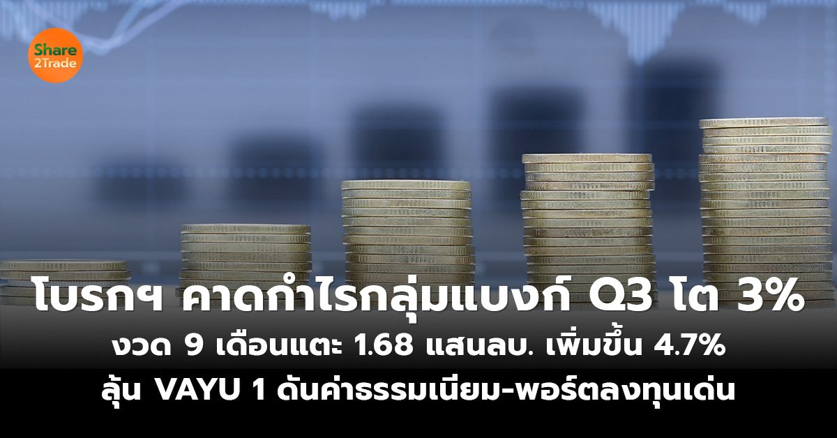 โบรกฯ คาดกำไรกลุ่มแบงก์ Q3 โต 3% งวด 9 เดือนแตะ 1.68 แสนลบ. เพิ่มขึ้น 4.7% ลุ้น VAYU 1 ดันค่า ...
